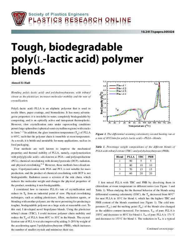 (PDF) Tough, biodegradable poly (L-lactic acid) polymer blends