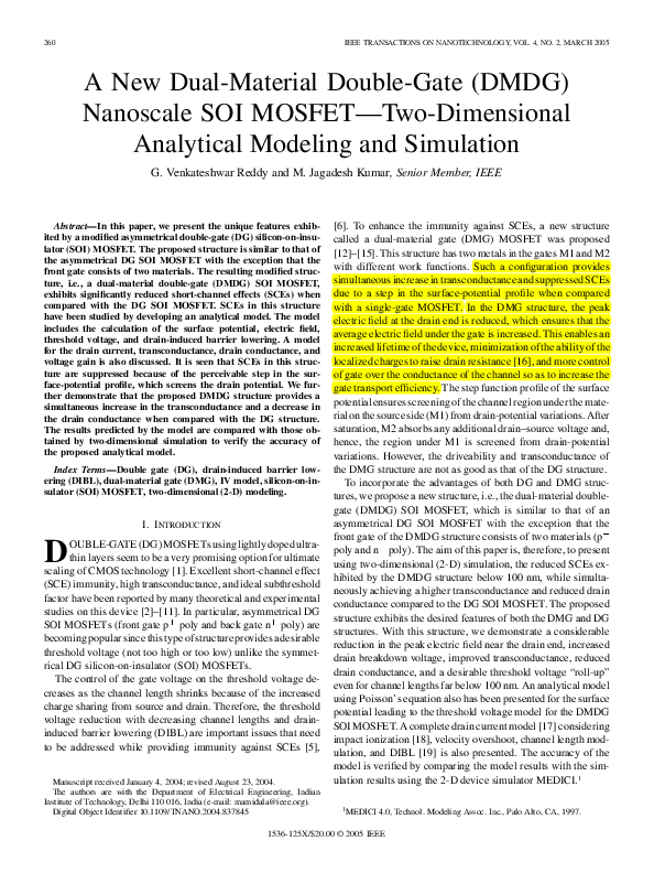 (PDF) A New Dual-Material Double-Gate (DMDG) Nanoscale SOI MOSFET—Two-Dimensional Analytical ...