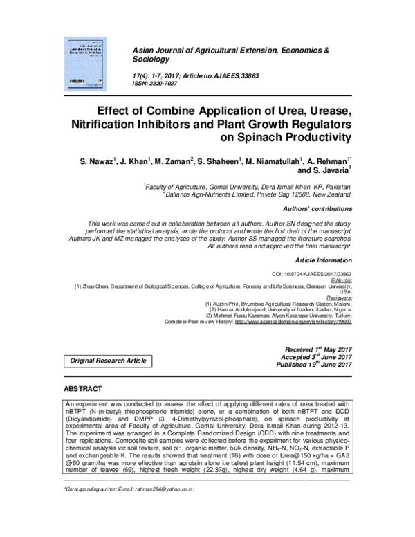 (PDF) Effect of Combine Application of Urea, Urease, Nitrification ...