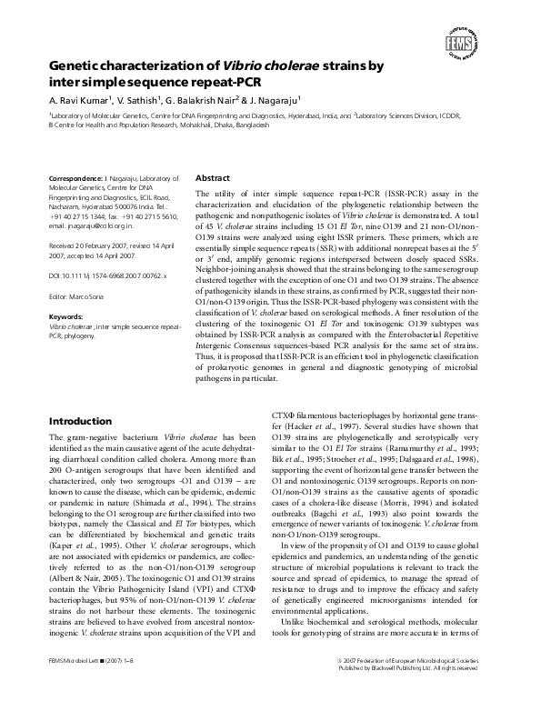 Pdf Genetic Characterization Of Vibrio Cholerae Strains By Inter