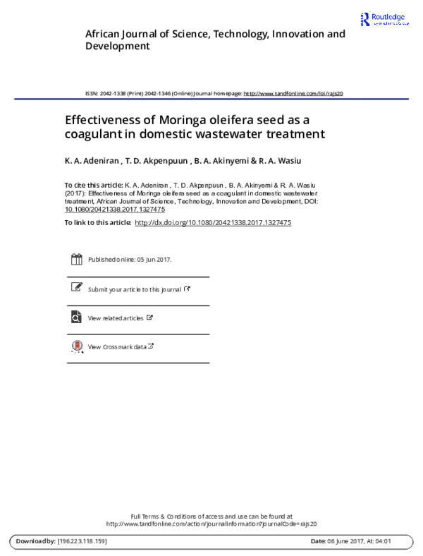 (PDF) Effectiveness of Moringa oleifera seed as a coagulant in domestic wastewater treatment