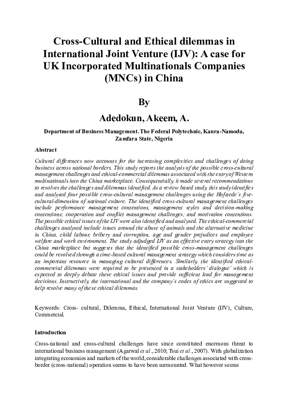 (PDF) Cross-Cultural and Ethical dilemmas in International Joint ...