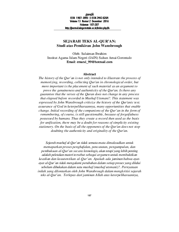 (PDF) SEJARAH TEKS AL-QUR'AN: Studi atas Pemikiran John Wansbrough