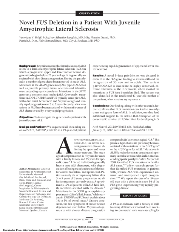 (PDF) FUS Deletion in Juvenile Amyotrophic Lateral Sclerosis