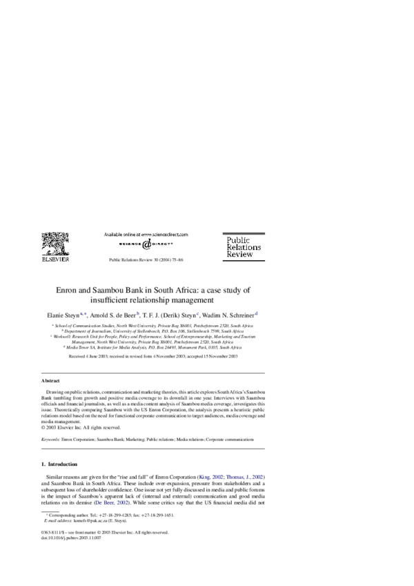 (PDF) Enron and Saambou Bank in South Africa: a case study of ...