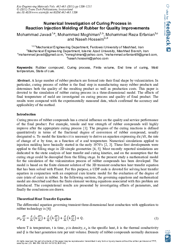 Pdf Numerical Investigation Of Curing Process In Reaction Injection Molding Of Rubber For