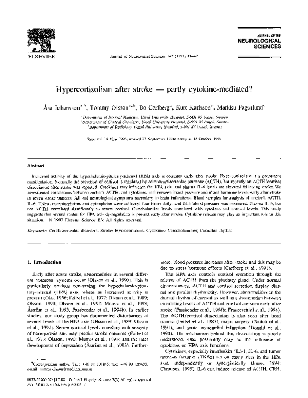 (PDF) Hypercortisolism after stroke — partly cytokine-mediated?