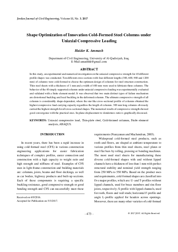 (PDF) Shape Optimization of Innovation Cold-Formed Steel Columns under ...