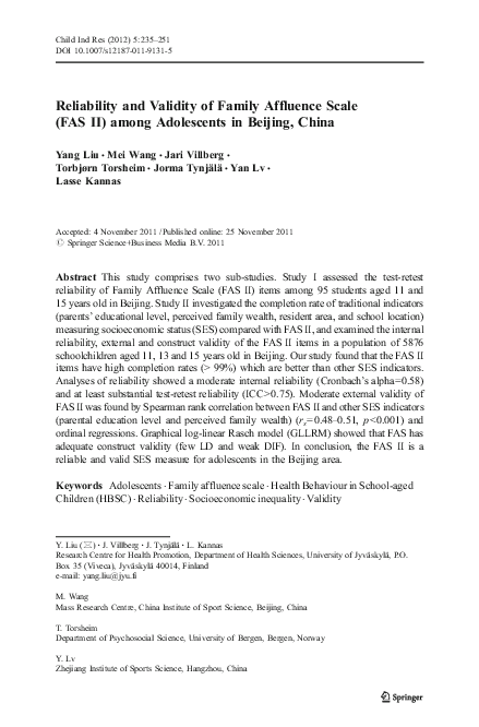 (PDF) Reliability and Validity of Family Affluence Scale (FAS II) among ...