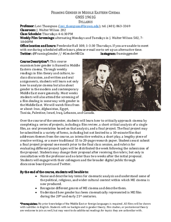 (DOC) Framing Gender In Middle Eastern Cinema - Syllabus