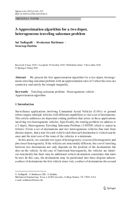 (PDF) 3-Approximation algorithm for a two depot, heterogeneous ...