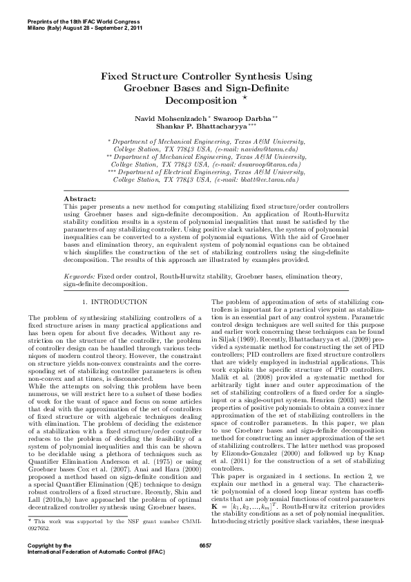 Pdf Fixed Structure Controller Synthesis Using Groebner Bases And