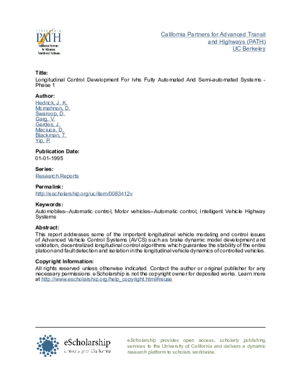 (PDF) Longitudinal Control Development For Ivhs Fully Automated And Semi-automated Systems - Phase 1