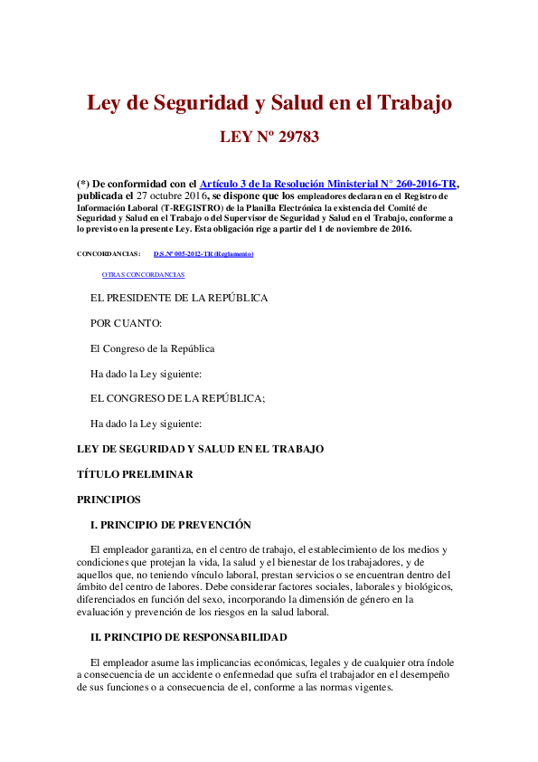 (PDF) Ley de Seguridad y Salud en el Trabajo LEY Nº 29783