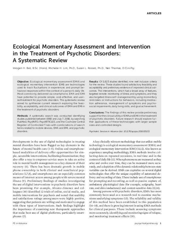 (PDF) Ecological Momentary Assessment and Intervention in the Treatment of Psychotic Disorders ...