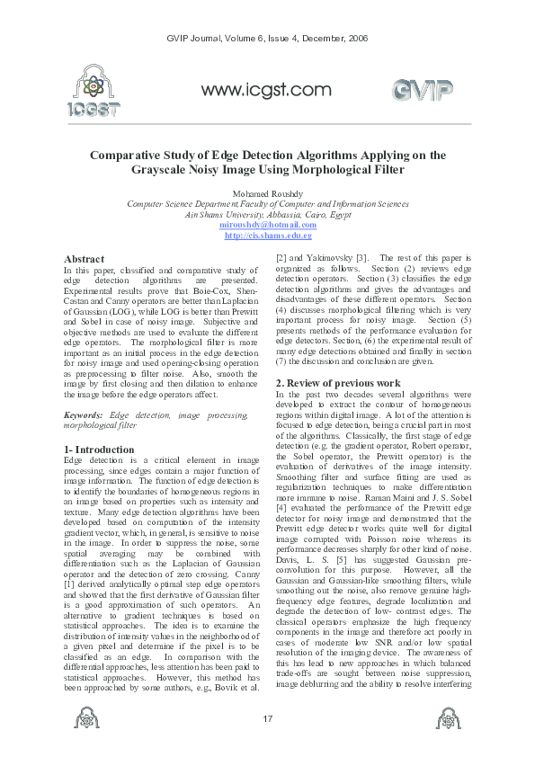 (PDF) Comparative study of edge detection algorithms applying on the grayscale noisy image using ...