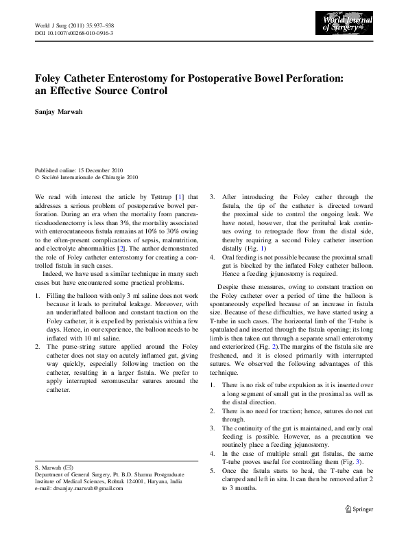 (PDF) Foley Catheter Enterostomy for Postoperative Bowel Perforation: an Effective Source Control