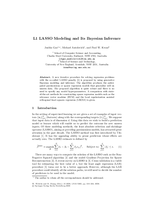 Pdf L1 Lasso Modeling And Its Bayesian Inference