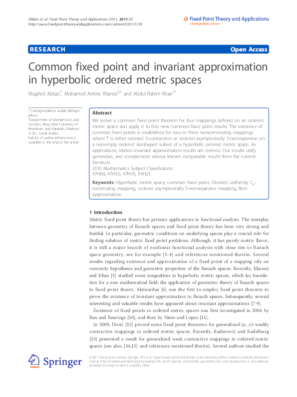 Pdf Common Fixed Point And Invariant Approximation In Hyperbolic Ordered Metric Spaces