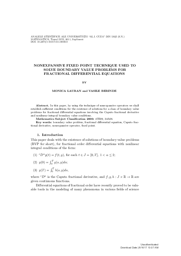 (PDF) Nonexpansive Fixed Point Technique Used to Solve Boundary Value Problems for Fractional ...