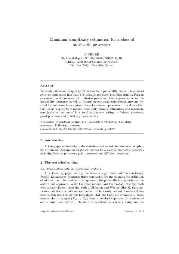 Pdf Minimum Complexity Estimation For A Class Of Stochastic Processes