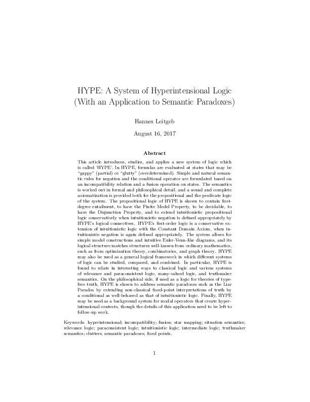 (PDF) HYPE: A System of Hyperintensional Logic (With an Application to Semantic Paradoxes