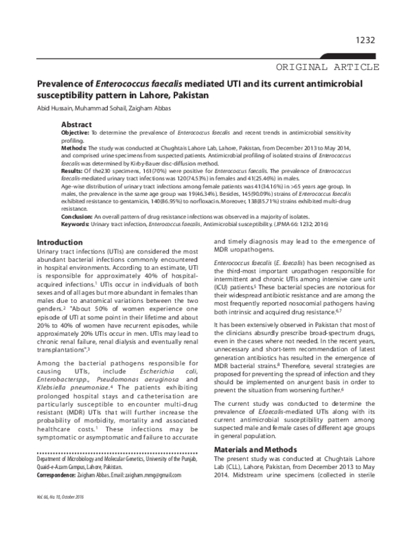 (PDF) Prevalence of Enterococcus faecalis mediated UTI and its current ...