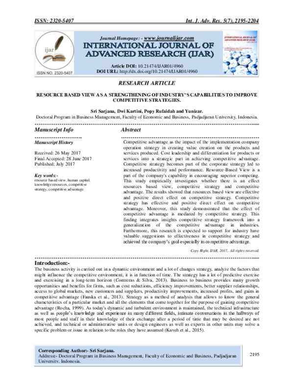 (PDF) RESOURCE BASED VIEW AS A STRENGTHENING OF INDUSTRY?S CAPABILITIES ...