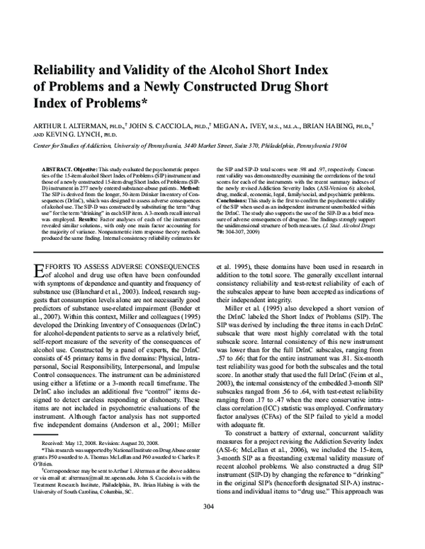 (PDF) Reliability and validity of the alcohol short index of problems ...
