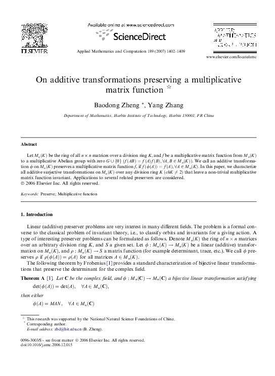 (PDF) On additive transformations preserving a multiplicative matrix function