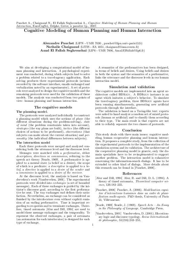 (PDF) Cognitive Modeling of Human Planning and Human Interaction ...