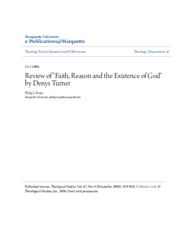 (PDF) Review of "Faith, Reason and the Existence of God" by Denys Turner