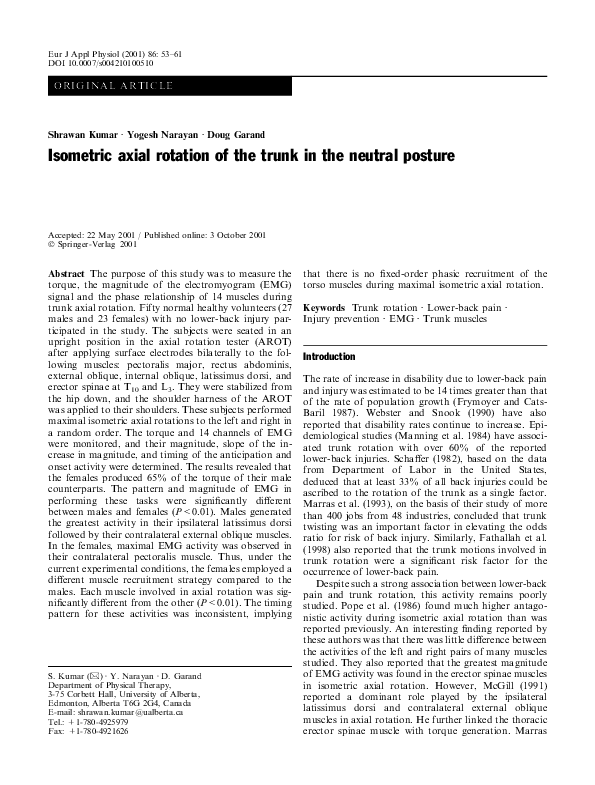 Pdf Isometric Axial Rotation Of The Trunk In The Neutral Posture