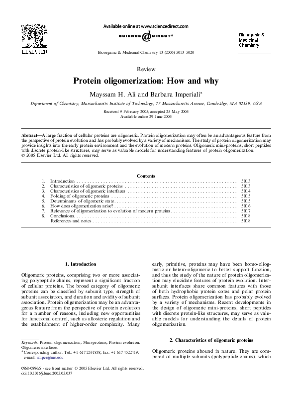 (PDF) Protein oligomerization: How and why
