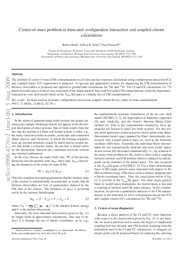 (PDF) Center-of-mass problem in truncated configuration interaction and coupled-cluster calculations