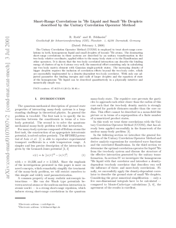 (PDF) Short-Range Correlations in He4 Liquid and Small He4 Droplets described by the Unitary ...