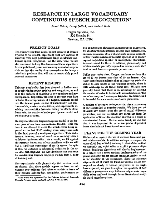Pdf Research In Large Vocabulary Continuous Speech Recognition