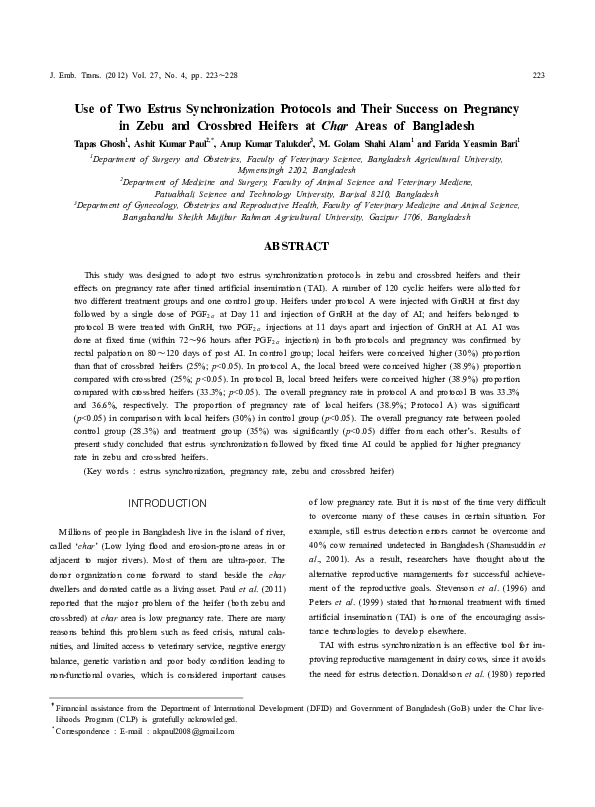 (PDF) Use of Two Estrus Synchronization Protocols and Their Success on Pregnancy in Zebu and ...