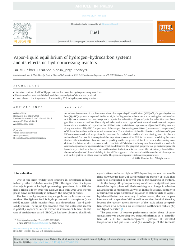 (PDF) Vapor–liquid equilibrium of hydrogen–hydrocarbon systems and its ...