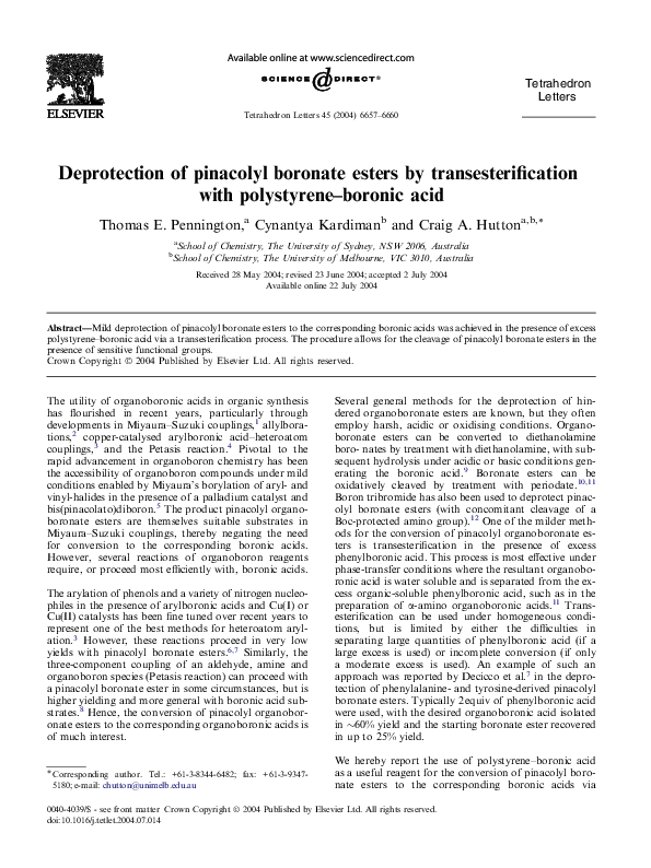 (PDF) Deprotection of pinacolyl boronate esters by transesterification ...