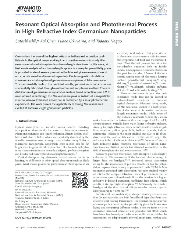(PDF) Resonant Optical Absorption and Photothermal Process in High ...
