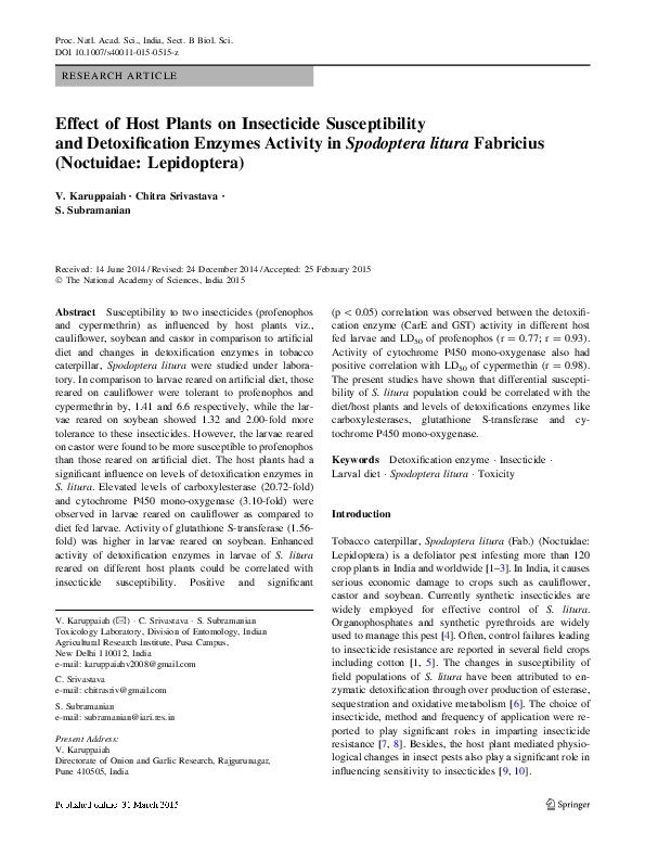 (PDF) Effect of Host Plants on Insecticide Susceptibility and Detoxification Enzymes Activity in ...