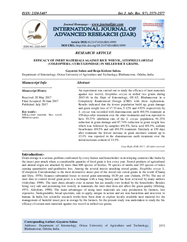 (PDF) EFFICACY OF INERT MATERIALS AGAINST RICE WEEVIL, SITOPHILUS ...