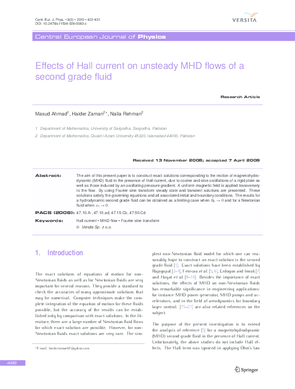 (PDF) Effects of Hall current on unsteady MHD flows of a second grade fluid