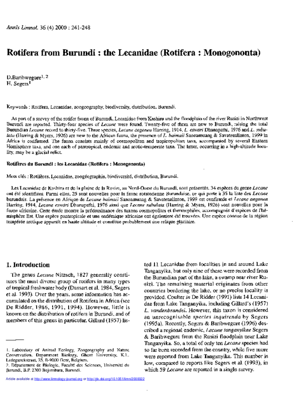 (PDF) Rotifera from Burundi : the Lecanidae (Rotifera : Monogononta)