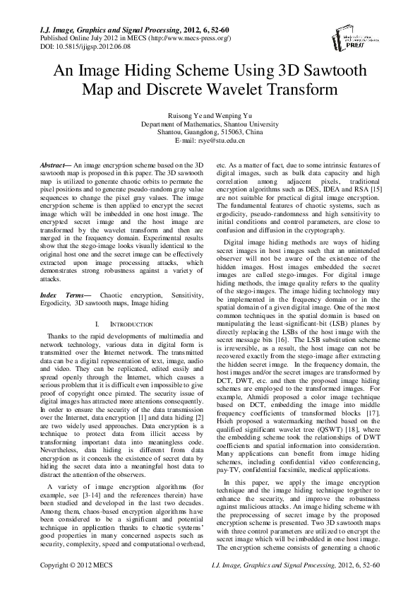 (PDF) An Image Hiding Scheme Using 3D Sawtooth Map and Discrete Wavelet Transform