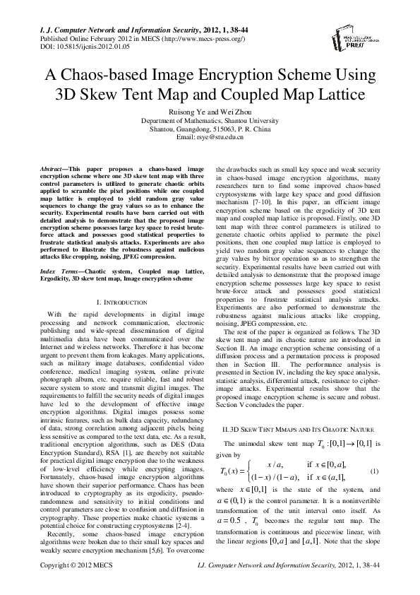 (PDF) A Chaos-based Image Encryption Scheme Using 3D Skew Tent Map and Coupled Map Lattice
