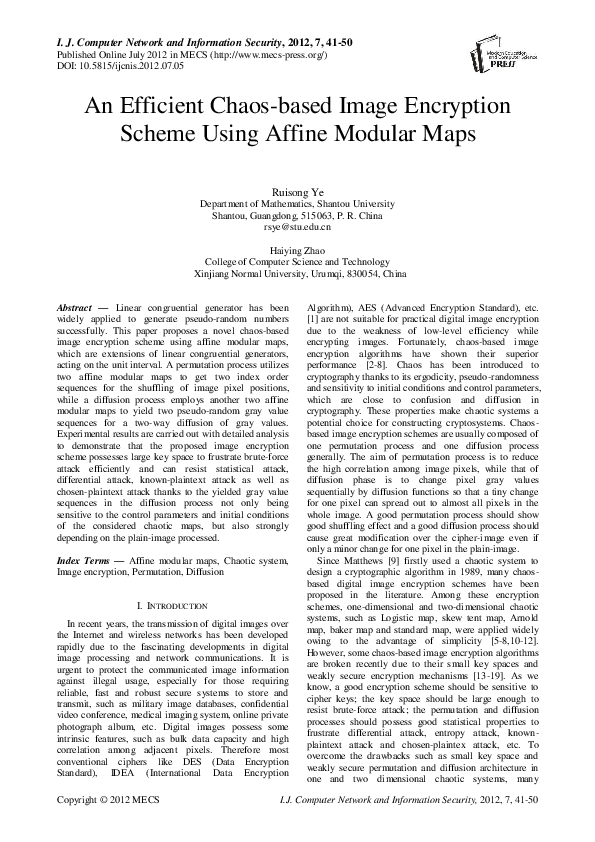 (PDF) An Efficient Chaos-based Image Encryption Scheme Using Affine Modular Maps