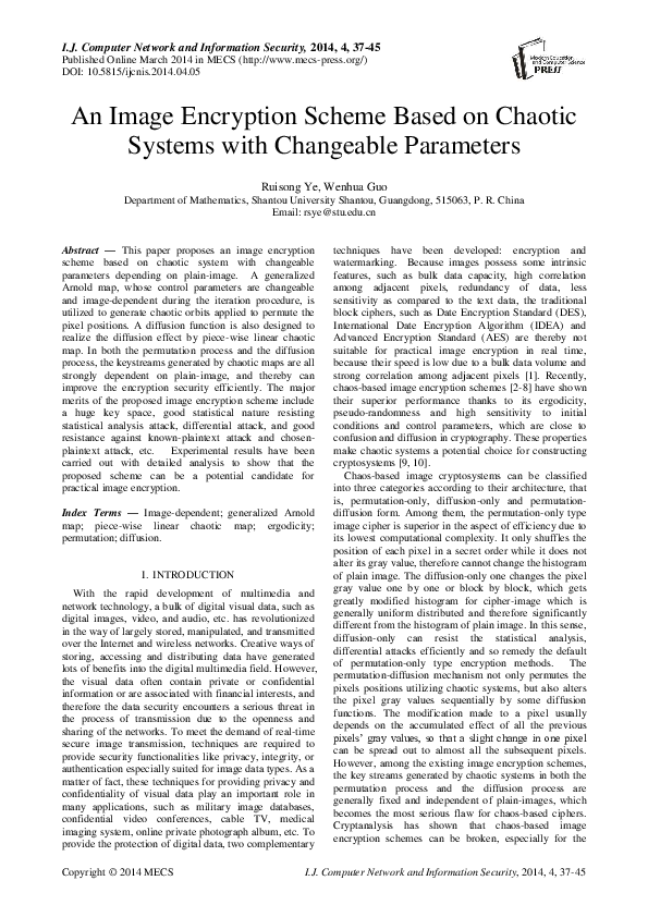 (PDF) An Image Encryption Scheme Based on Chaotic Systems with Changeable Parameters