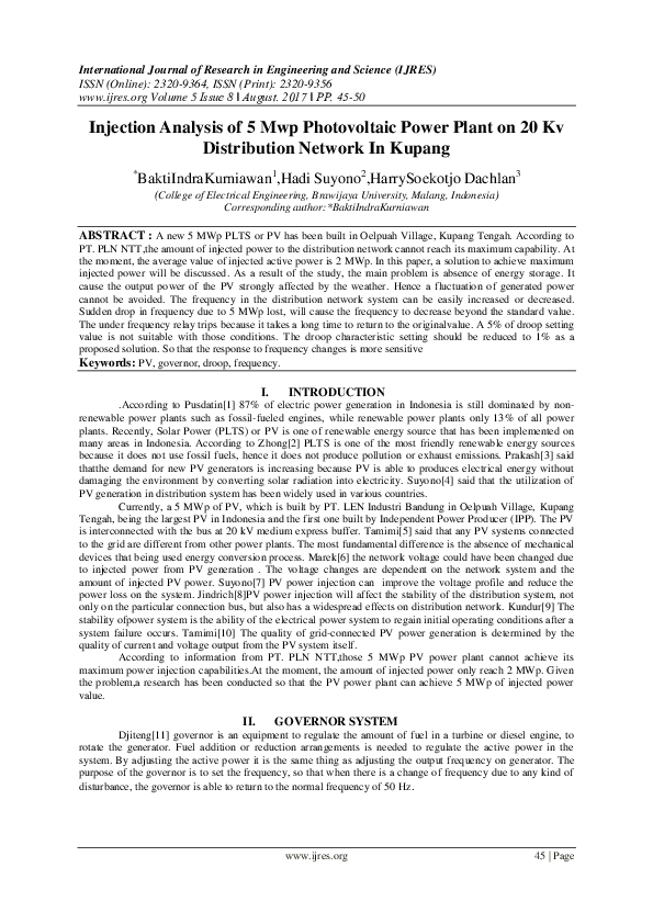 (PDF) Injection Analysis of 5 Mwp Photovoltaic Power Plant on 20 Kv Distribution Network In Kupang